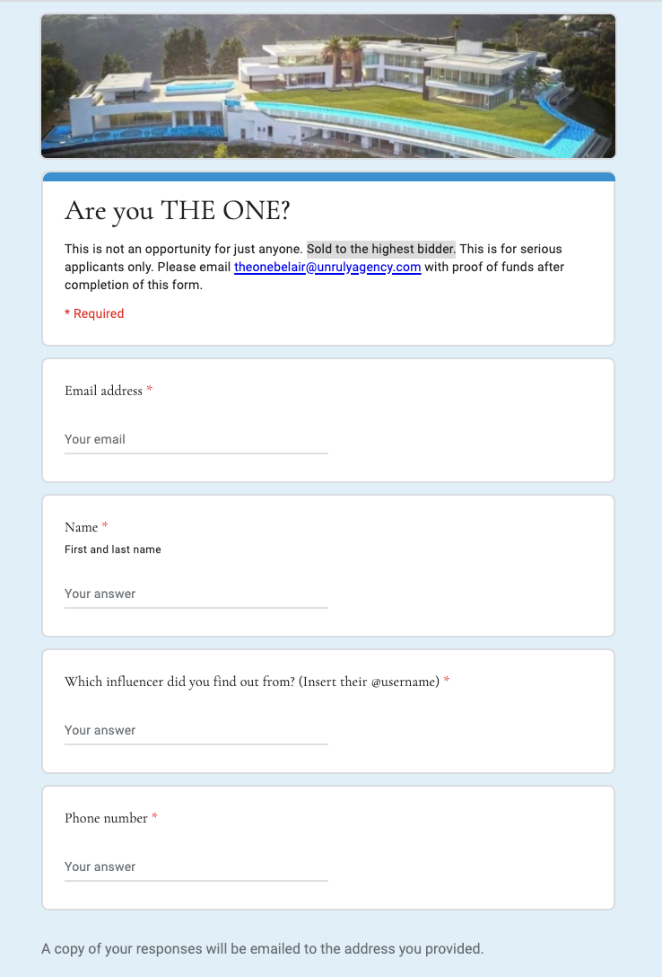 Interested buyers can bid on America's priciest home via Google Forms ...